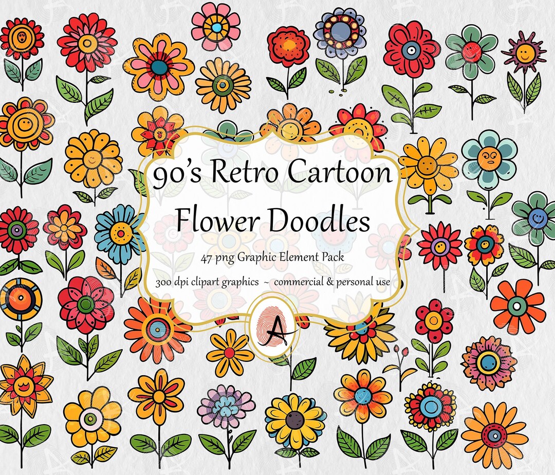Retro Flower Doodle Clipart, Bright Colorful Playful Flower ...