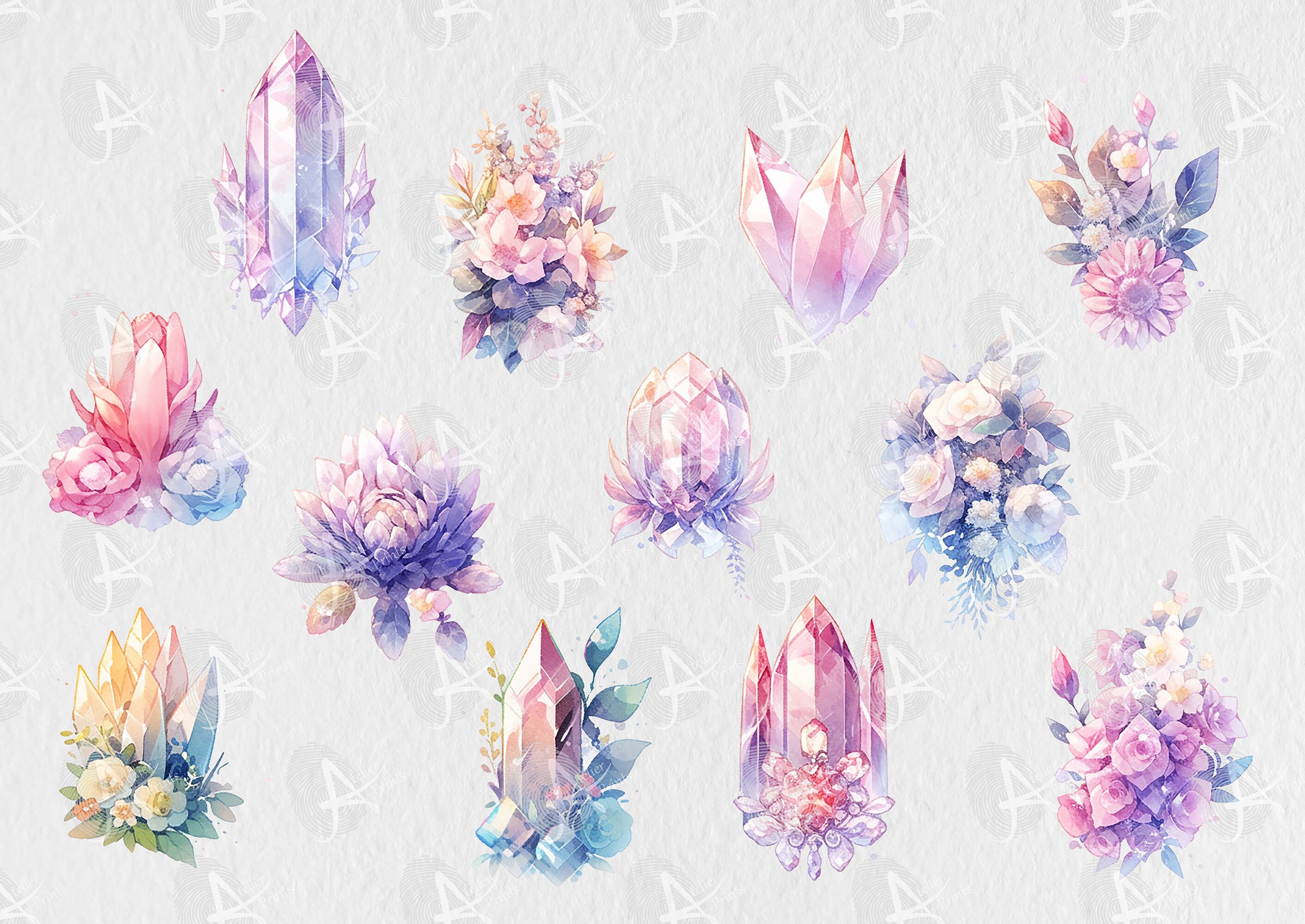 Watercolor Floral Crystals Clipart Dreamy Pastel Gemstones - Etsy