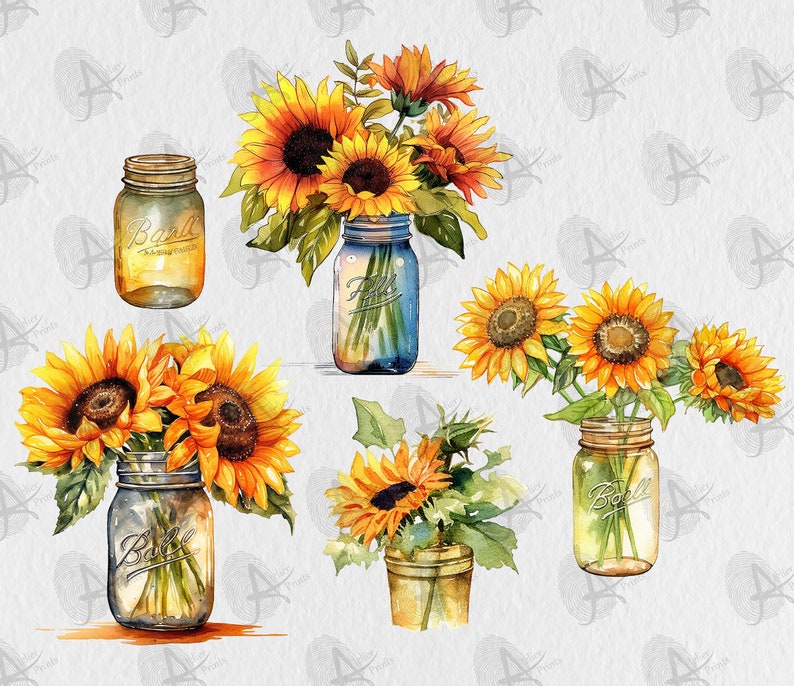 Watercolor Sunflower Clipart, Sunflower Bouquets in Mason Jars ...