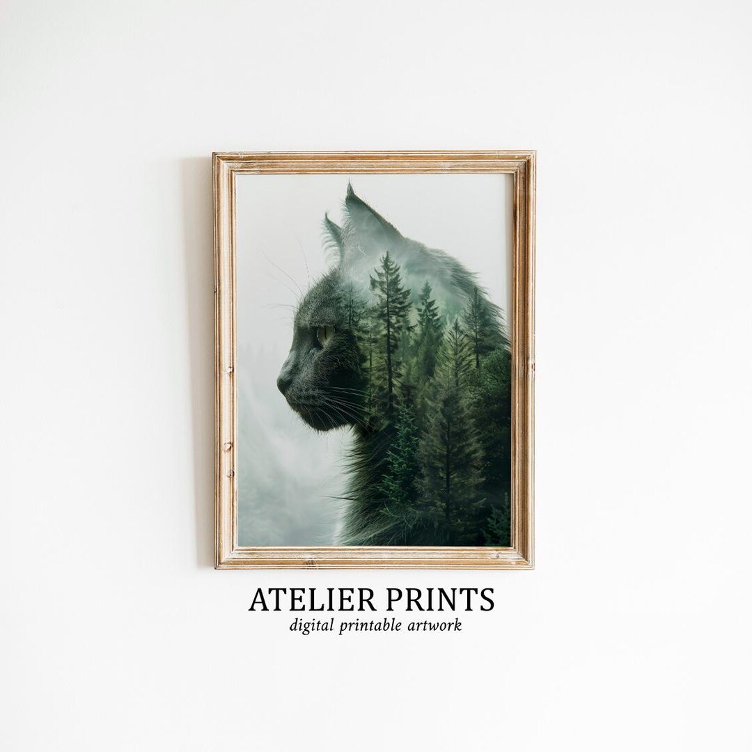 Double Exposure Cat and Forest Photo Print | Cat Art | Misty Green Tone ...