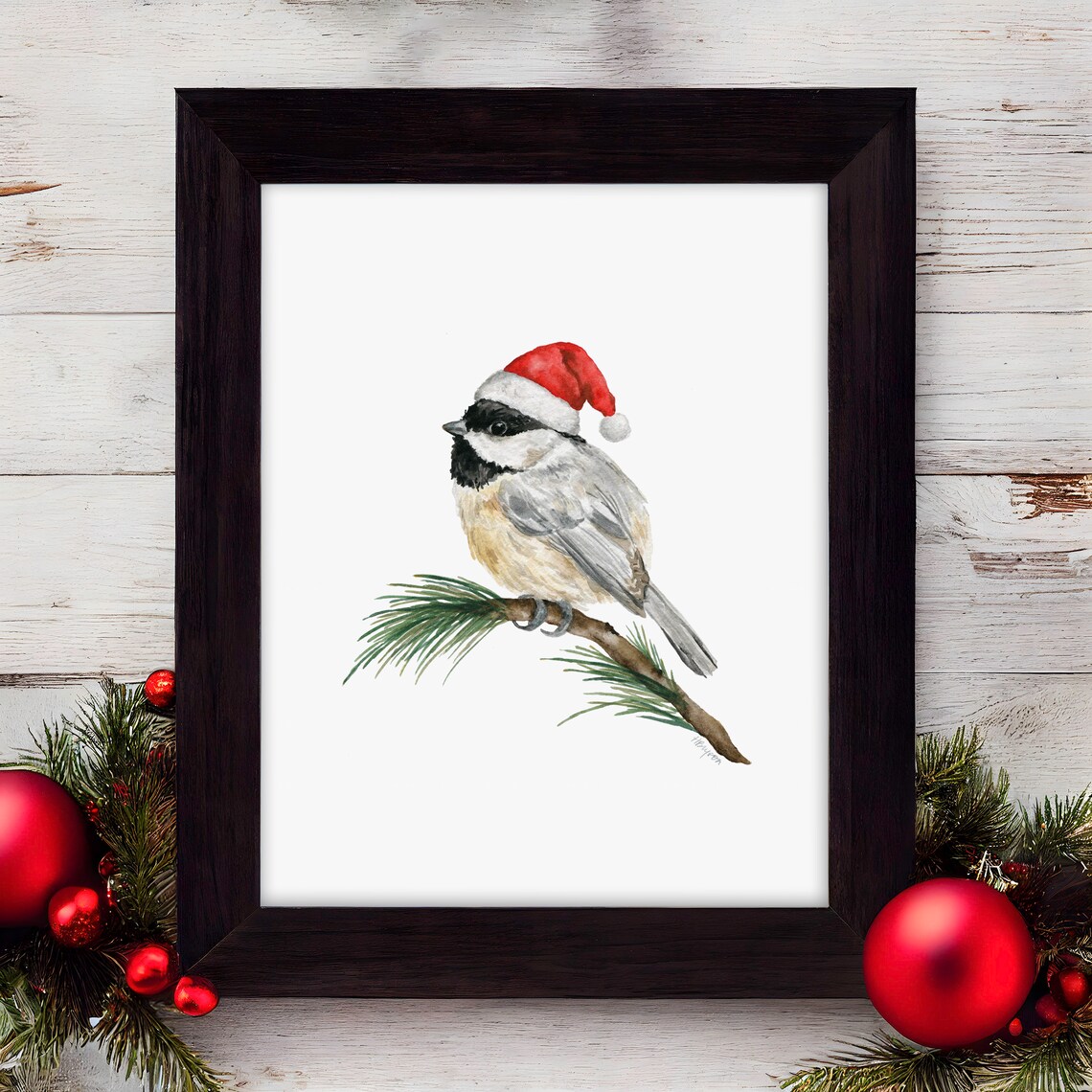 Christmas Chickadee Print, Holiday Home Decor, Santa Hat Bird Art Print ...