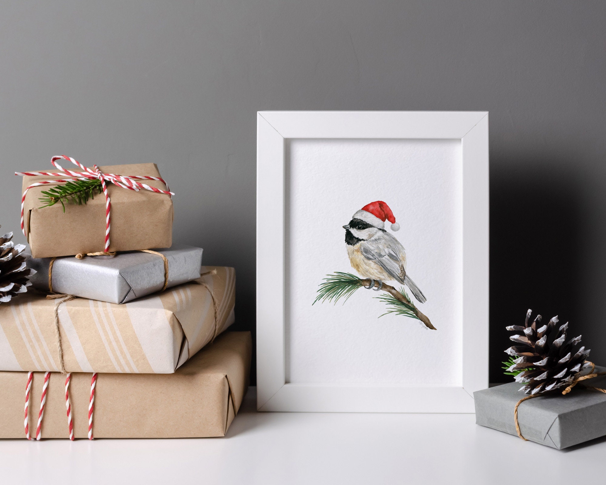 Christmas Chickadee Print, Holiday Home Decor, Santa Hat Bird Art Print ...