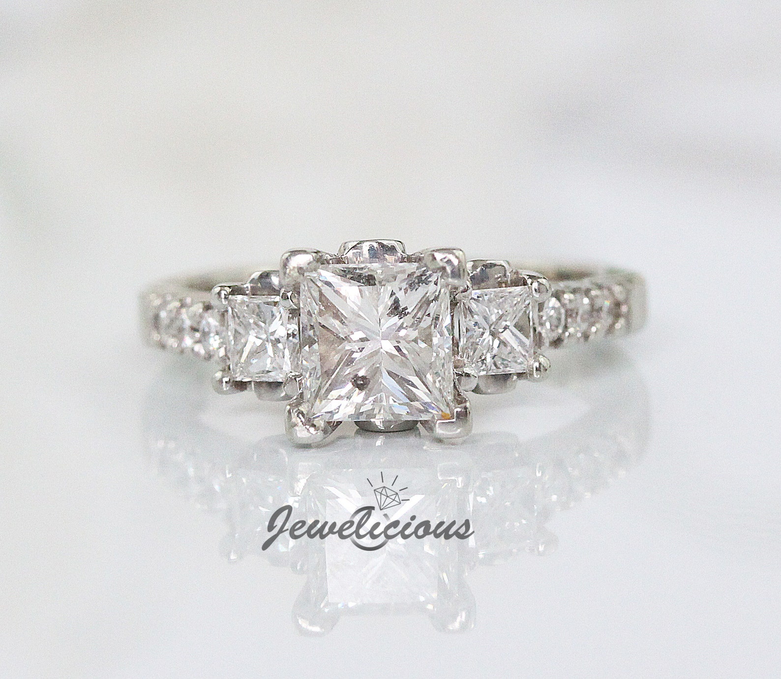 Fabulous 1.15ct Center Princess Cut Diamond and 0.70ct Side Diamonds ...