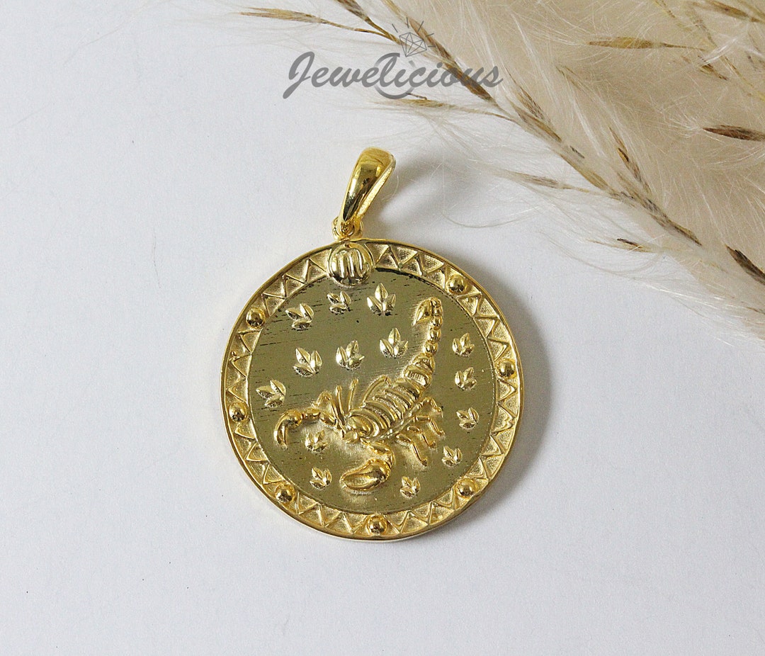 14K Solid Gold Scorpio Zodiac Coin Pendant - Handmade Medallion - Etsy