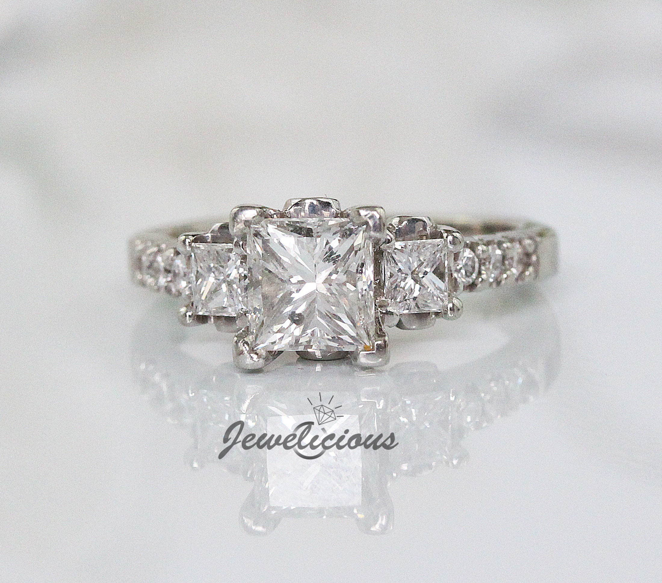 Fabulous 1.15ct Center Princess Cut Diamond and 0.70ct Side Diamonds ...