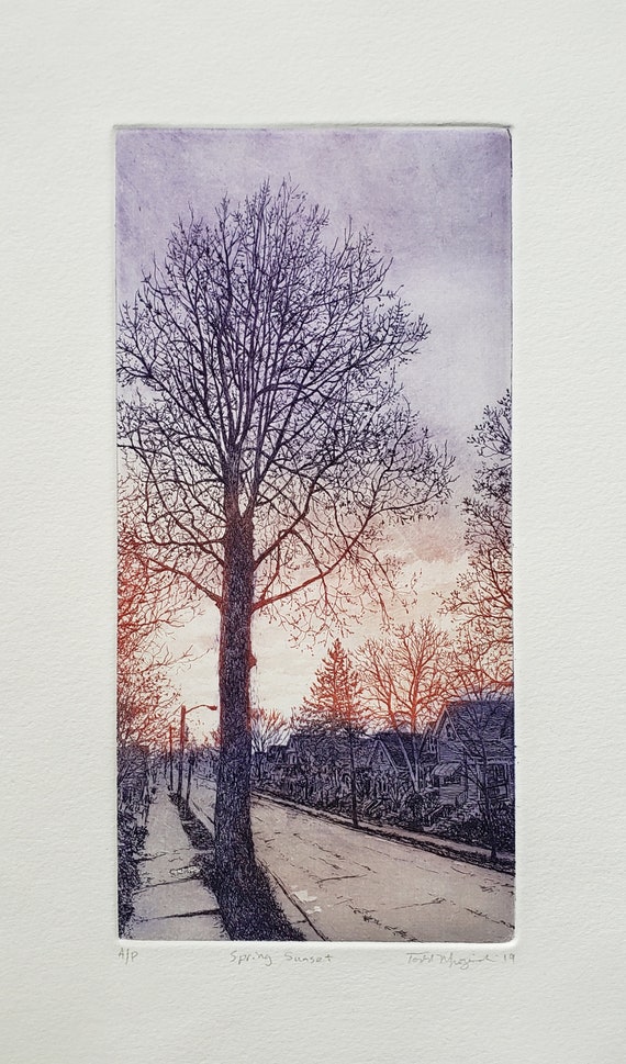 Multi-colored Print Etching and Aquatint Spring Sunset | Etsy
