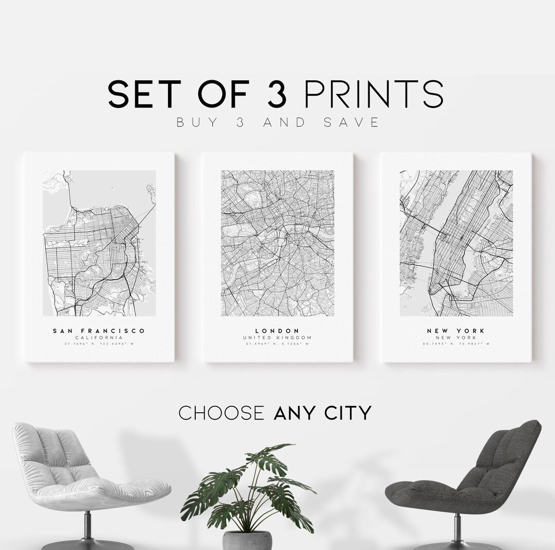 Custom Map Prints Any Location, Set of 3 Map Print Poster, City Print ...