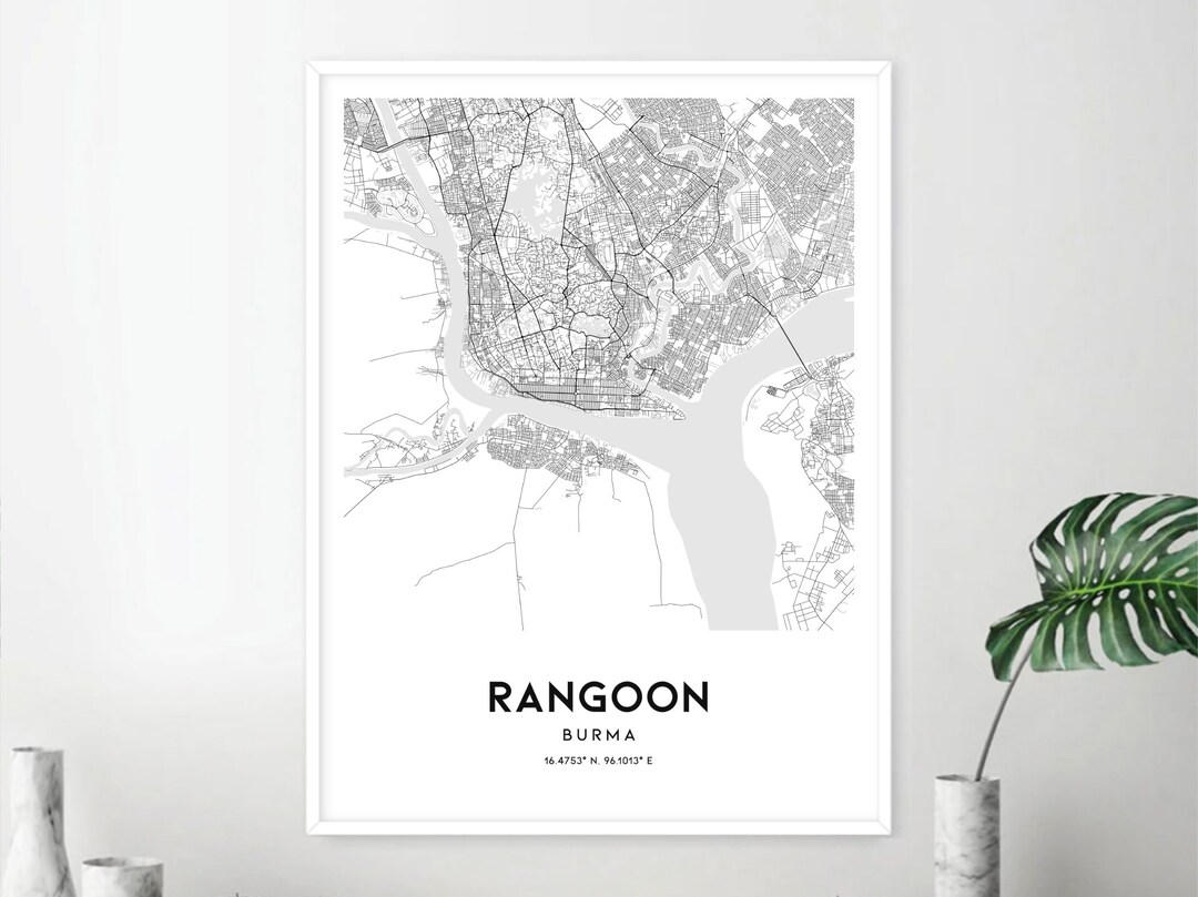 Rangoon Map Print, Rangoon Map Poster Wall Art, Rangoon City Map, Rangoon Print Street Map Decor ...