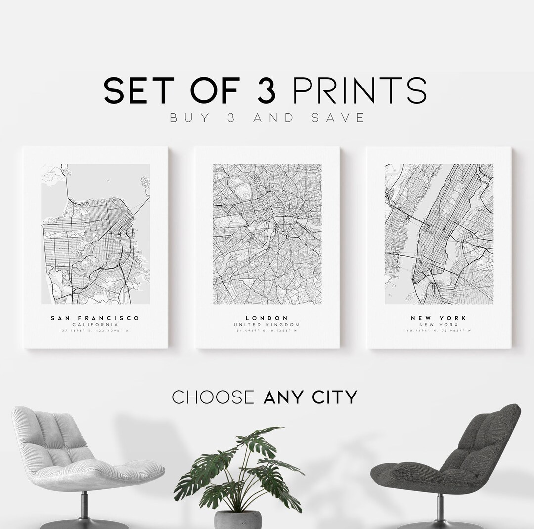 Custom Map Prints Any Location, Set of 3 Map Print Poster, City Print ...