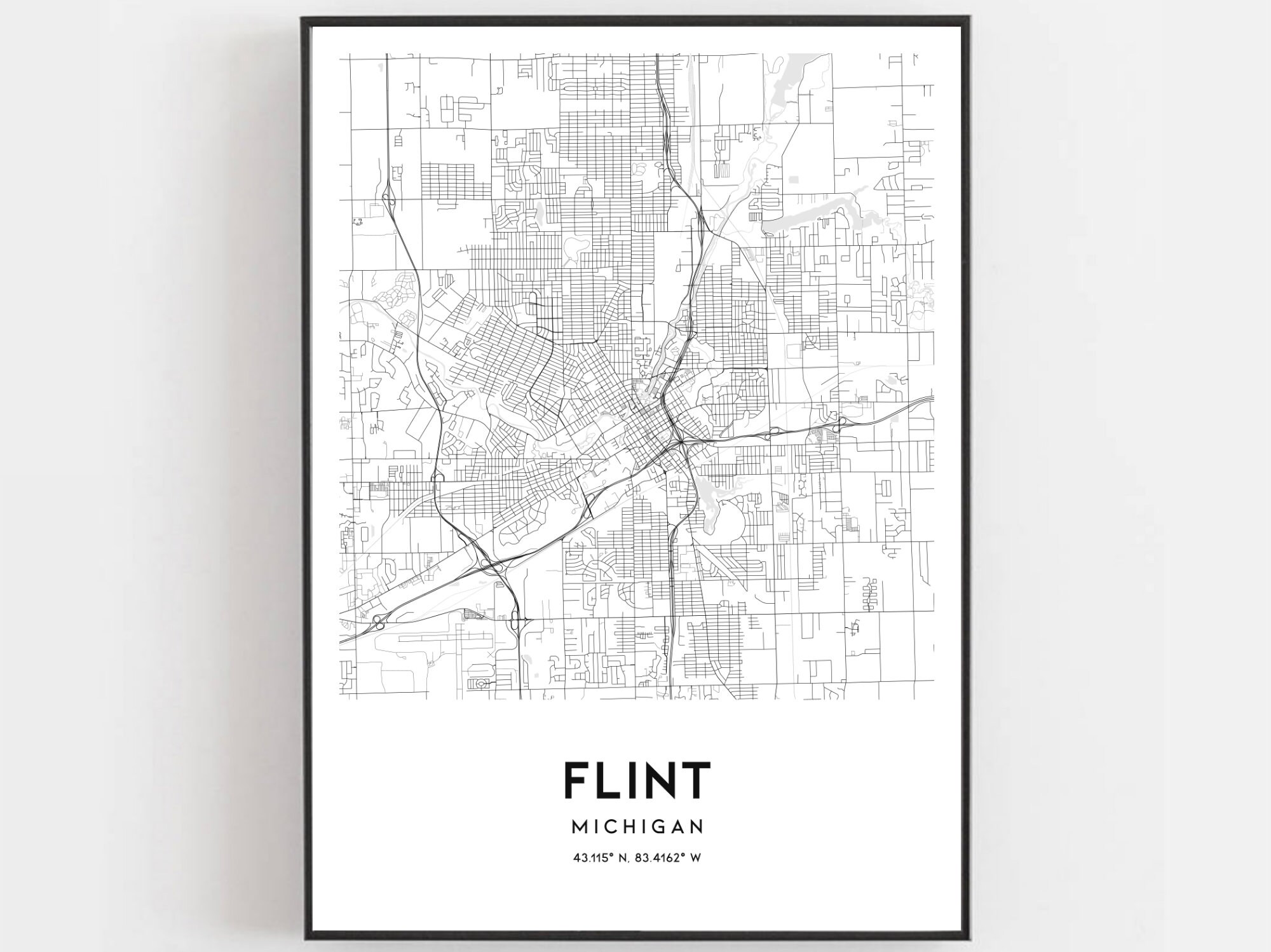 Flint Map Print Flint Map Poster Wall Art Mi City Map | Etsy