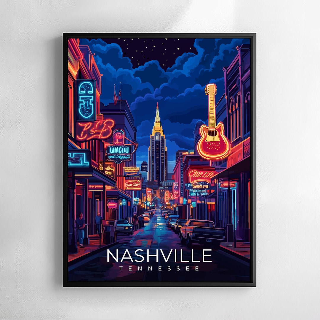 Nashville Print Tennessee Travel Wall Art Music Street Night Cityscape ...