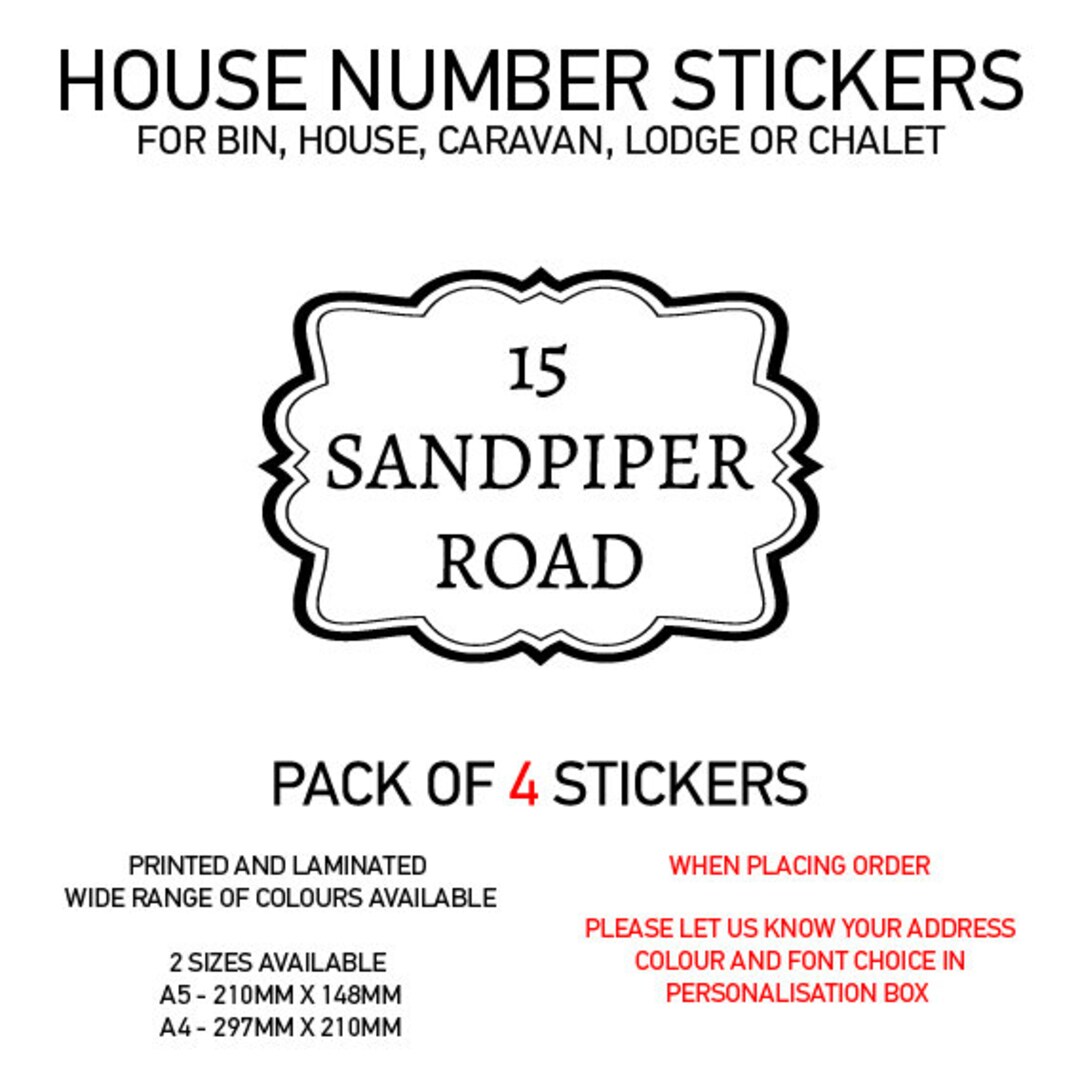 HS14-20 Vinyl Wheelie Bin House Caravan Lodge Stickers X4 Numbers Road ...