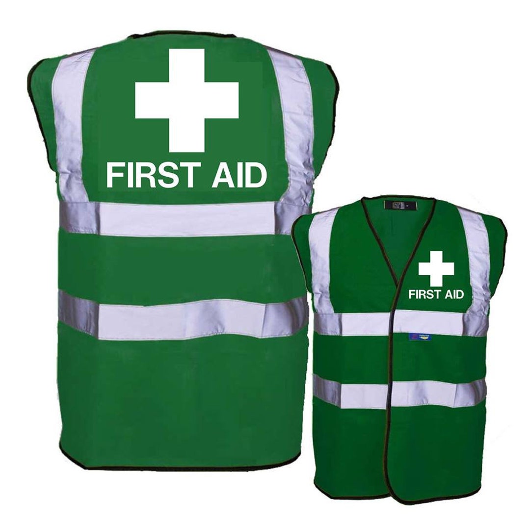Custom First Aid Printed Green Hi Viz Safety Vest - High Vis Waistcoat ...