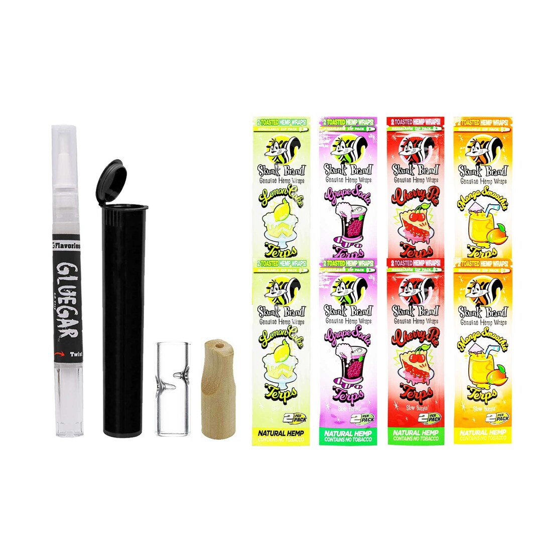 Skunk Brand Hemp Wraps 8 Pack Bundle With Gluegar OG 3ml, Glass Tip ...