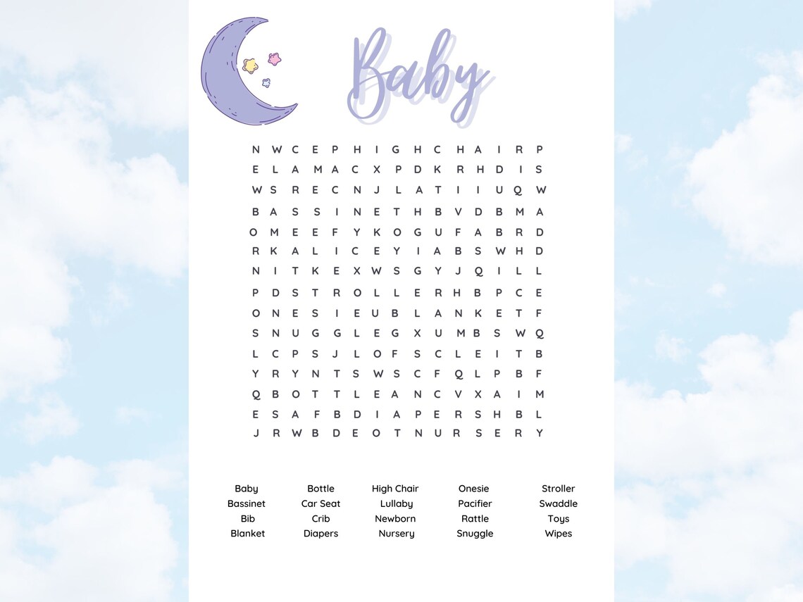 Moon Theme Baby Shower Word Search Game Baby Shower Game - Etsy Canada
