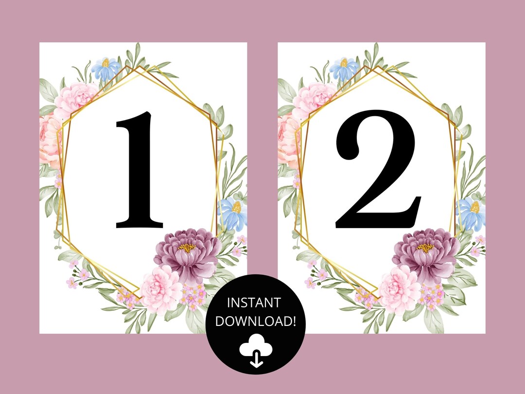 Floral With Gold Border Table Numbers, Instant Download Printable Table ...