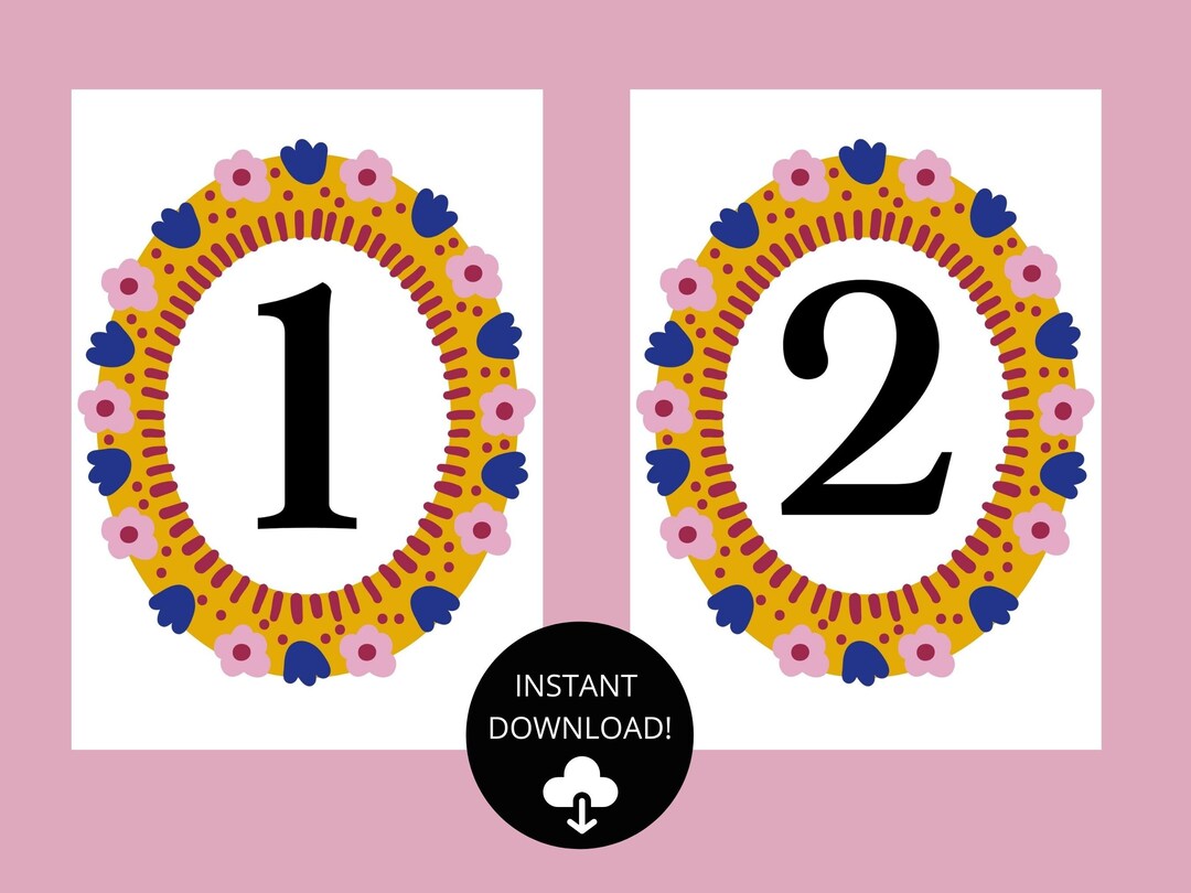 Pink and Blue Floral Border Table Numbers, Instant Download Printable ...
