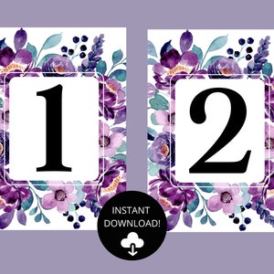 Purple Floral Table Numbers, Instant Download Digital Printable Table ...