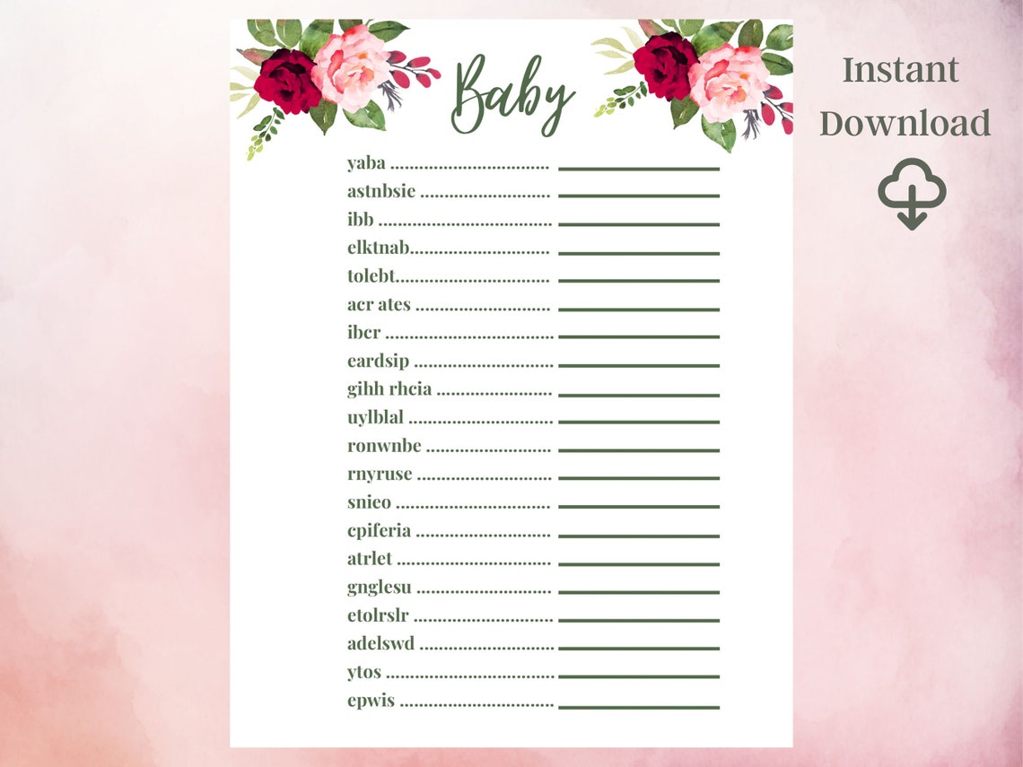 ROSE BABY Word Scramble, Printable Baby Shower Game, Instant Download ...