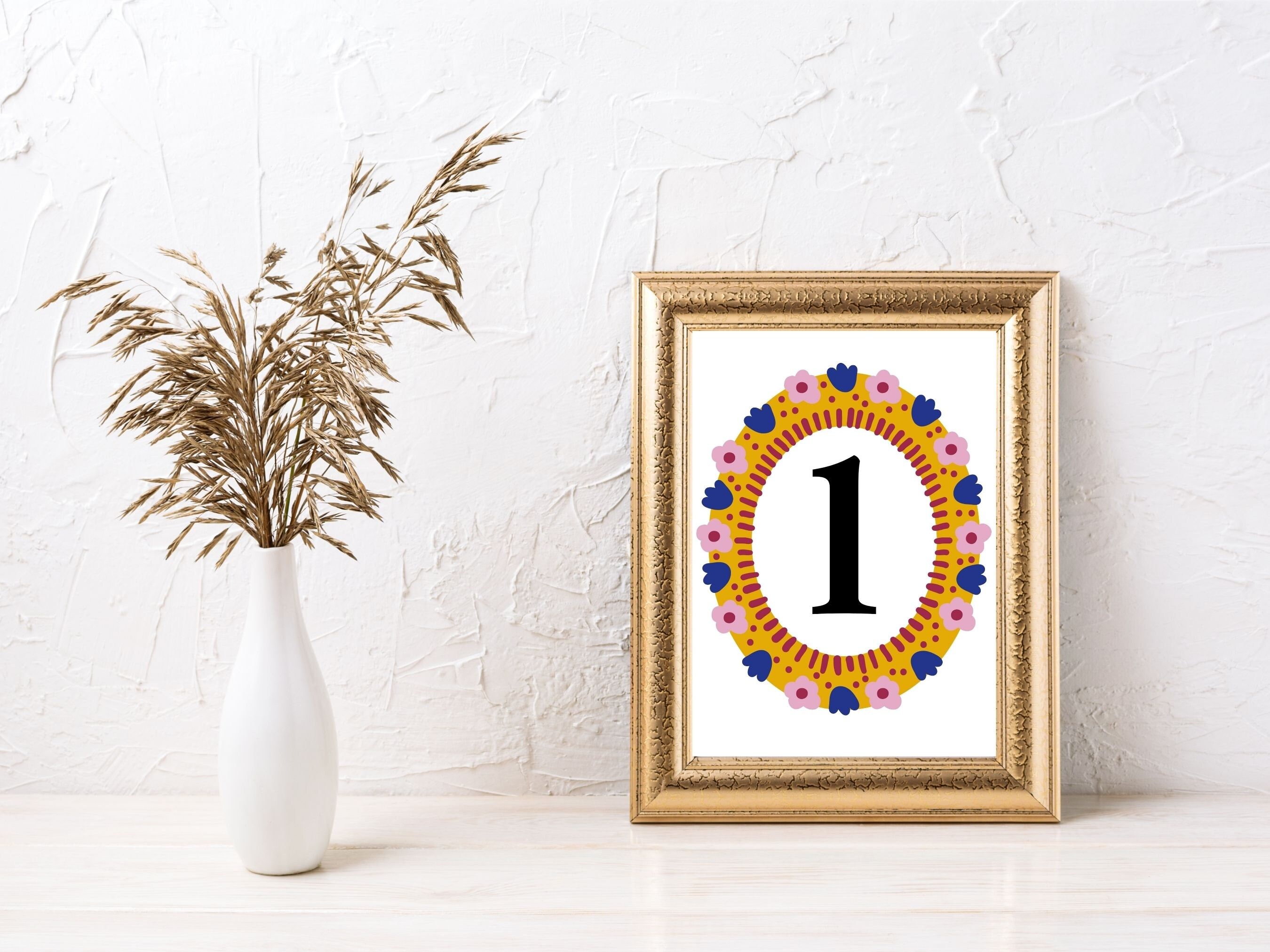 Pink and Blue Floral Border Table Numbers, Instant Download Printable ...