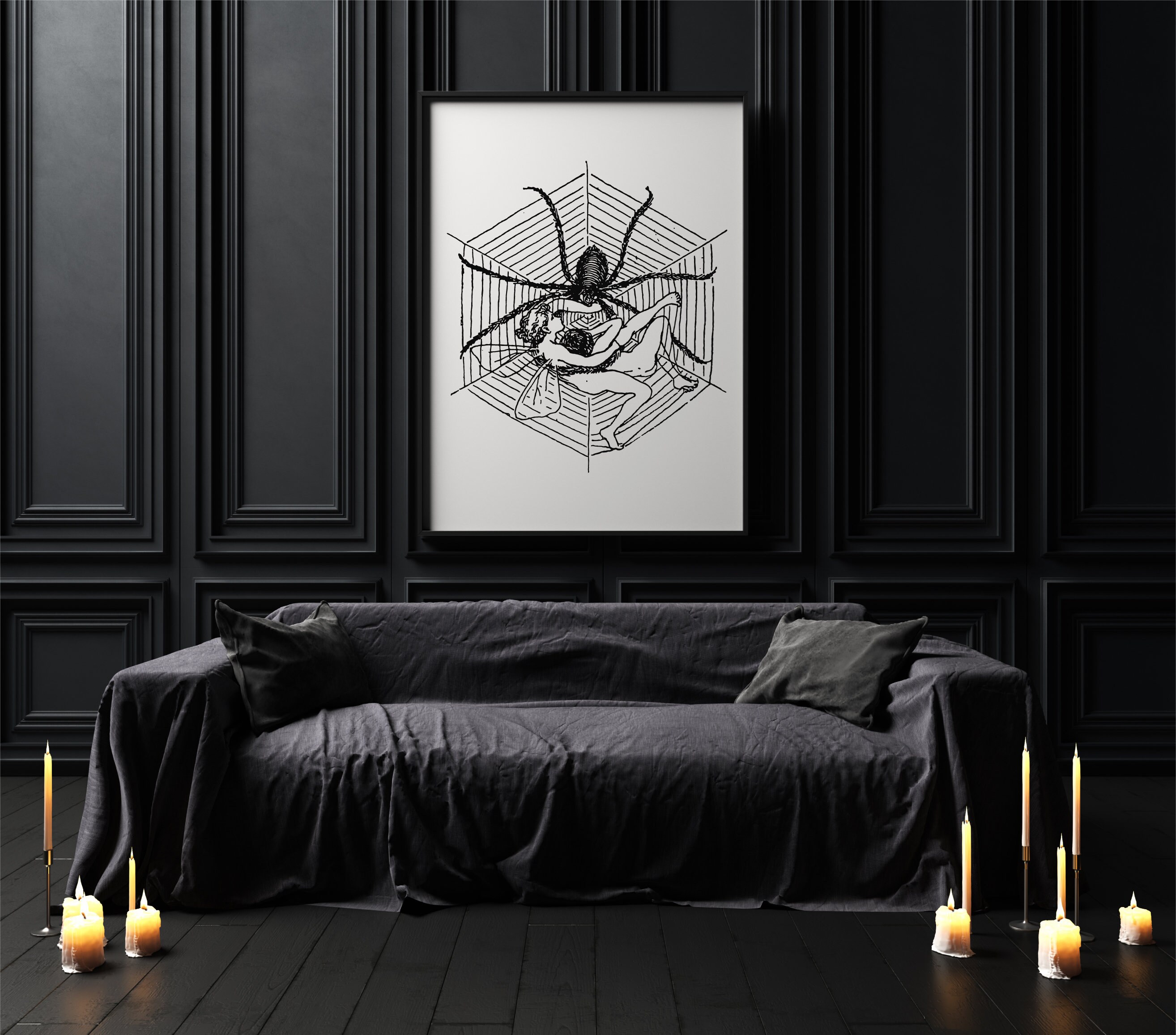 Spider Web Drawing Art Printable, Printable Wall Art, Elegant Black and ...