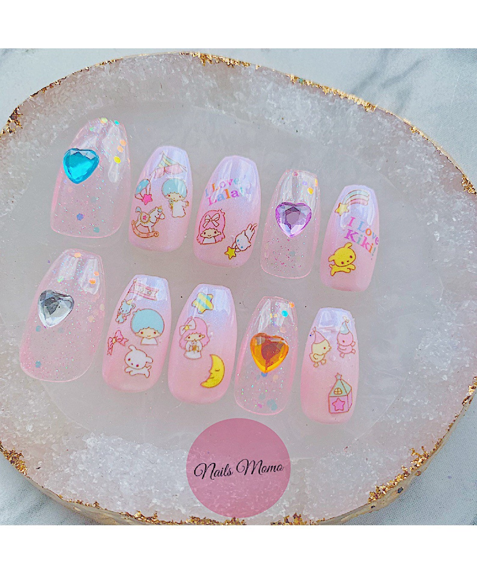 Aurora Pink X Bijou Heart Press on Nails Kawaii Twin Stars - Etsy