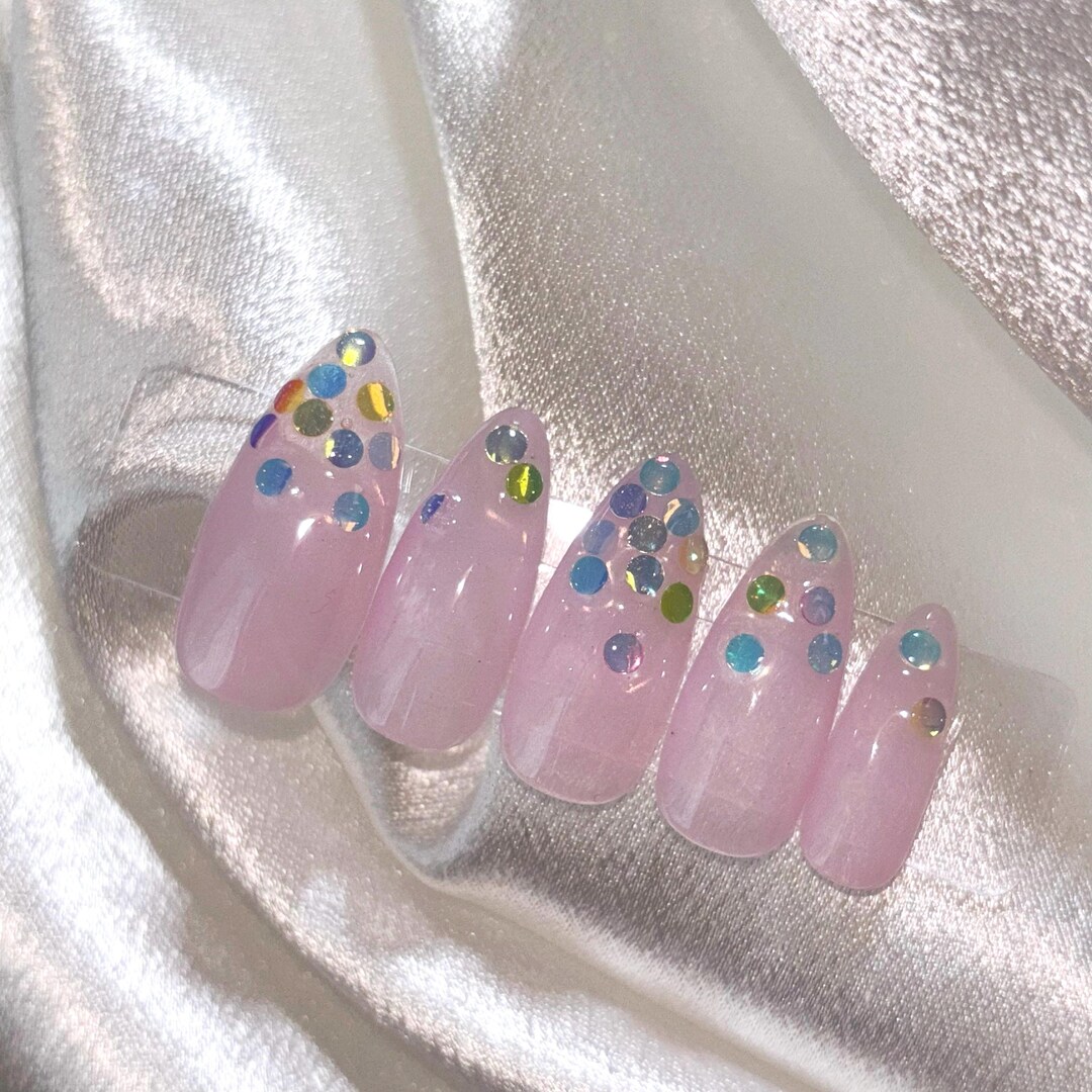 Soft Pink Holo Press on Nails | Colorful Dot Confetti Design ...