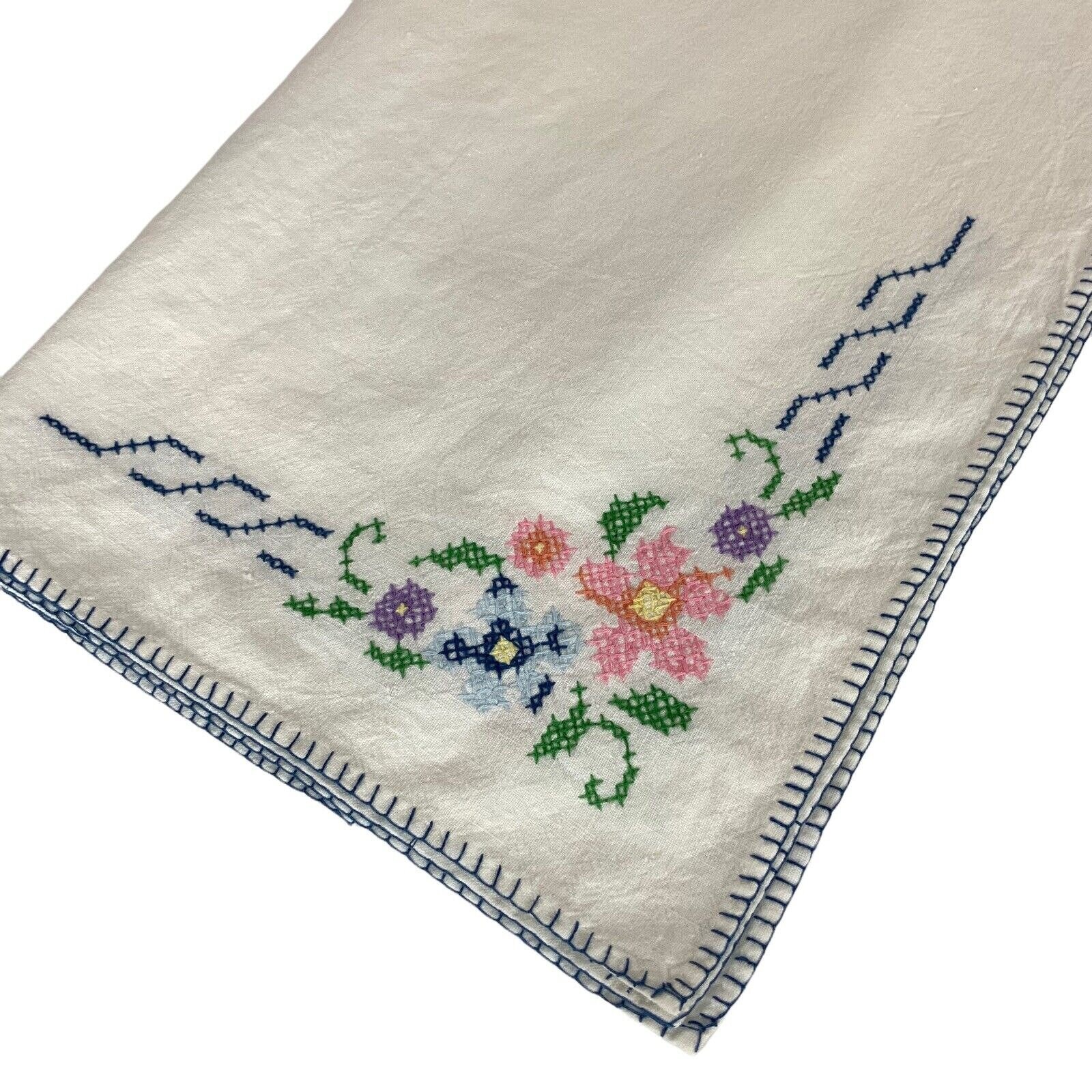 Square Cross Stitch Hand Embroidered Tablecloth Topper 33x35 White ...
