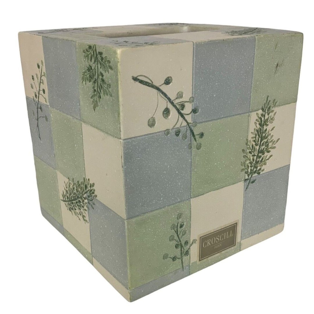 Croscill Rainier Tissue Box Cover Pale Blue Green Vertical Leaves Bath ...