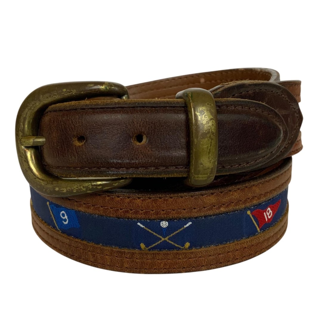 YRI Mens Golf Belt Canvas Leather Tabs Size 42/105 Brown Blue Brass ...