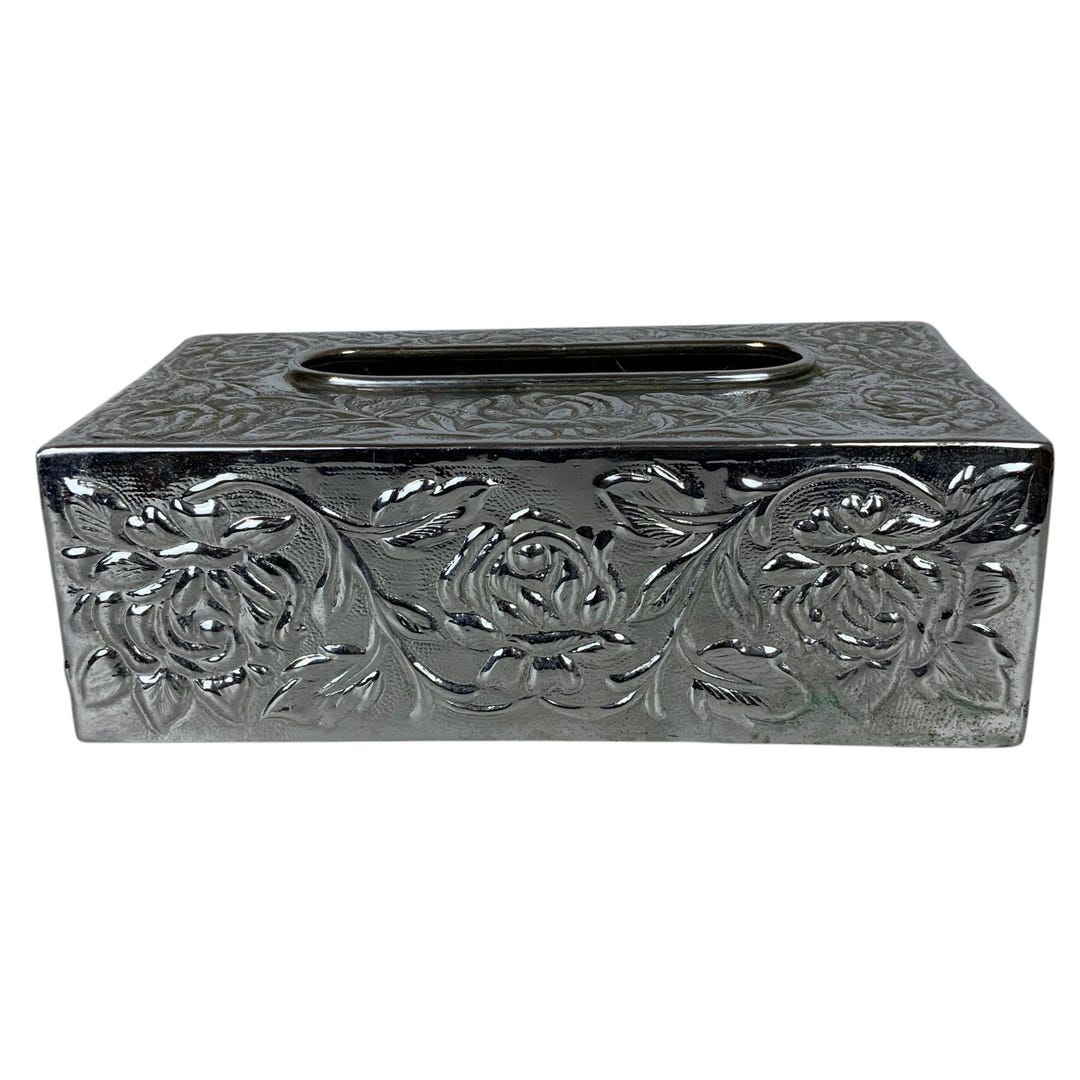 Vintage Tissue Box Cover Silver-tone Metal Floral Embossed Rectangular ...