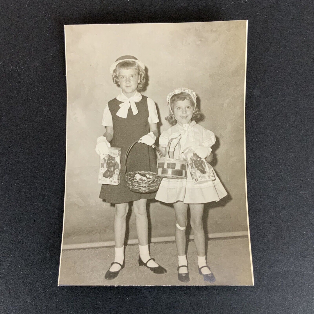 Little Girls Easter Baskets Chocolate Bunny Amateur Black White Photo ...