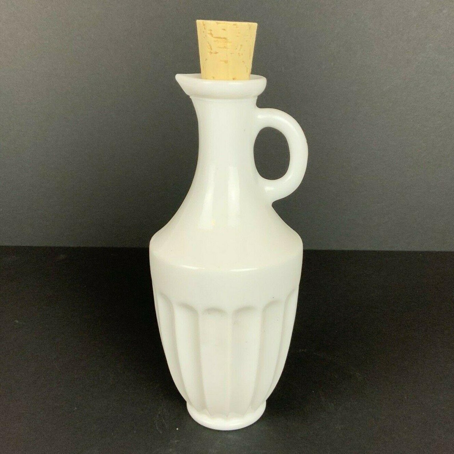 Small Milk Glass Pitcher With Cork Stopper White Fluted Vintage Oil ...