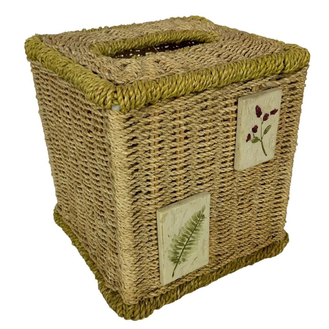 Woven Jute and Wire Tissue Box Cover Botanical Tiles Natural Bath Decor ...