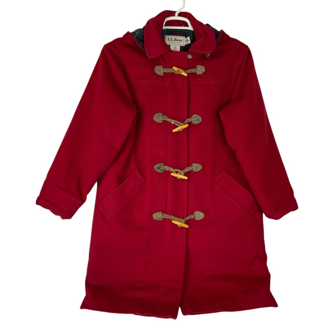 LL Bean Womens Red Wool Duffle Coat Size 6 Plaid Lining Toggle Buttons ...