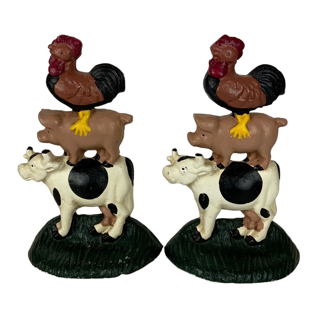 Vintage Cast Iron Farm Animal Bookends Cow Pig Rooster Statues Country ...