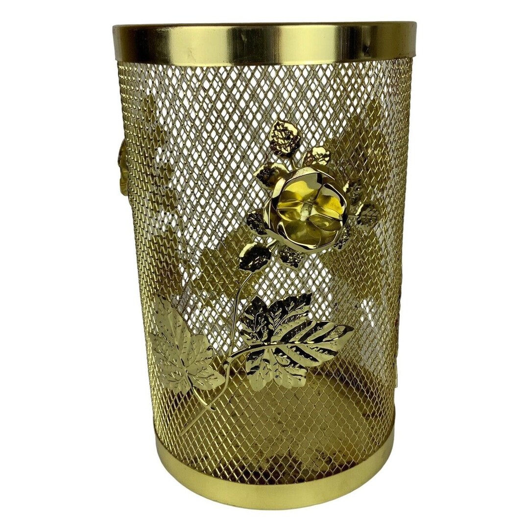 Gold Gilt Metal Mesh Small Wastebasket Trash Can 3D Roses Leaves Slim ...