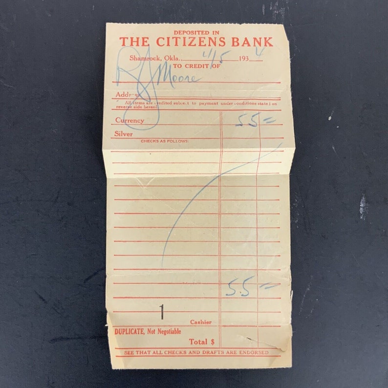 Deposit Slips 1934 1935 the Citizens Bank Shamrock Oklahoma - Etsy