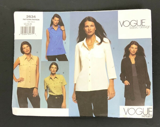 Vogue 2634 Misses Button up Blouse Shirt Sewing Pattern Sizes 12 14 16 ...