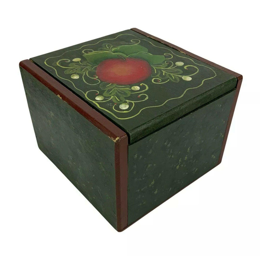 Hand Painted Wooden Recipe Card Box Apple Design Green Red Farmhouse ...