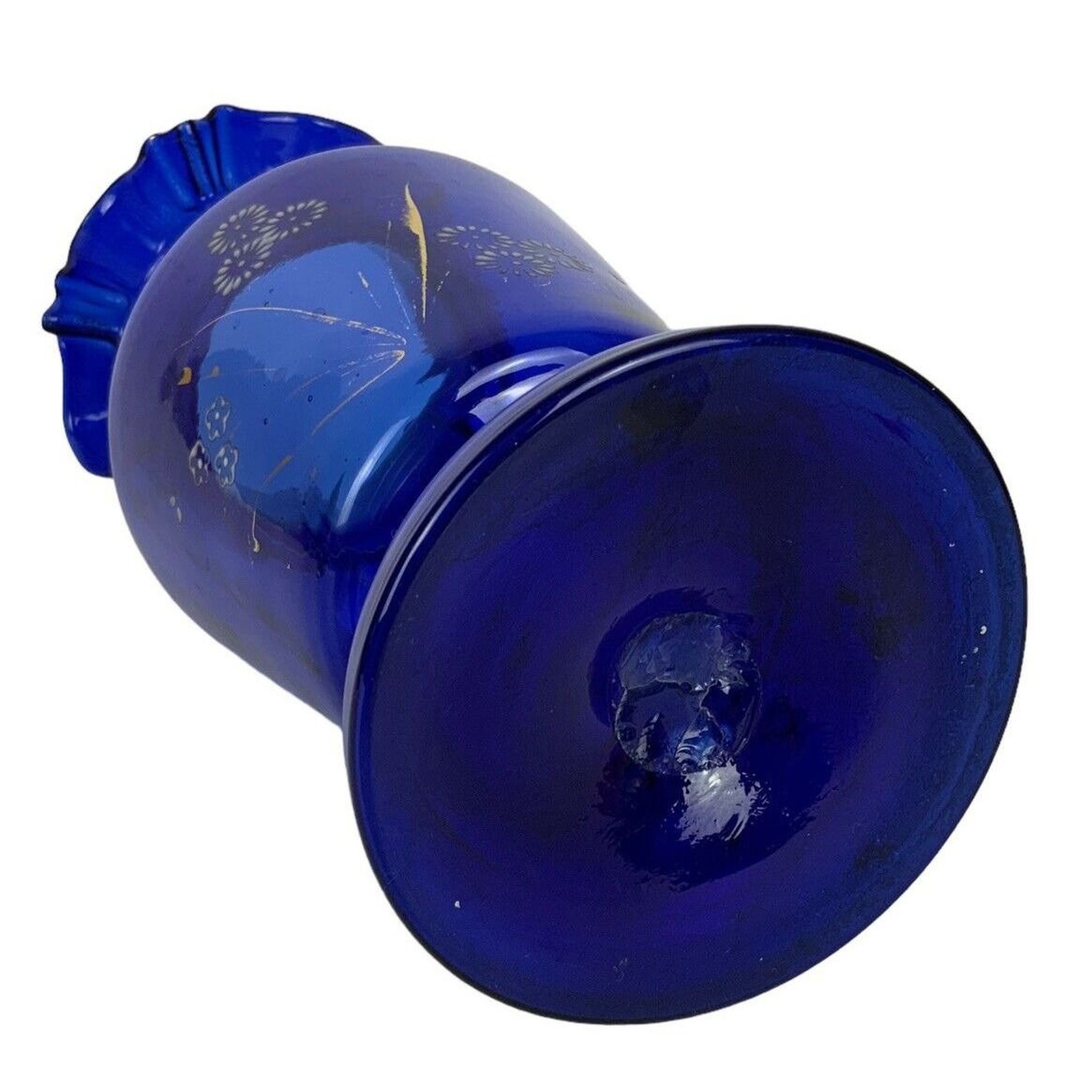 Cobalt Blue Art Glass Vase Hand Painted Flowers Ruffled Edge Vintage - Etsy