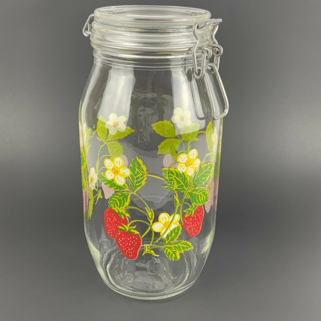 Arc France 2L Clear Glass Lidded Jar Canister Hand Painted Strawberries ...