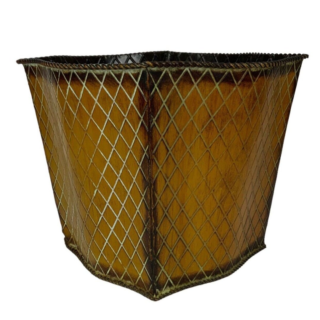Decorative Metal Waste Basket Trash Can Brown Square Embossed Diamond ...