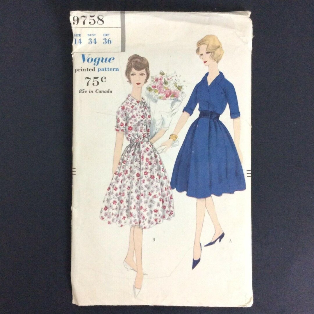 Vogue 9758 Vintage Belted Dress Sewing Pattern Size 14 Bust 34 Hip 36 ...