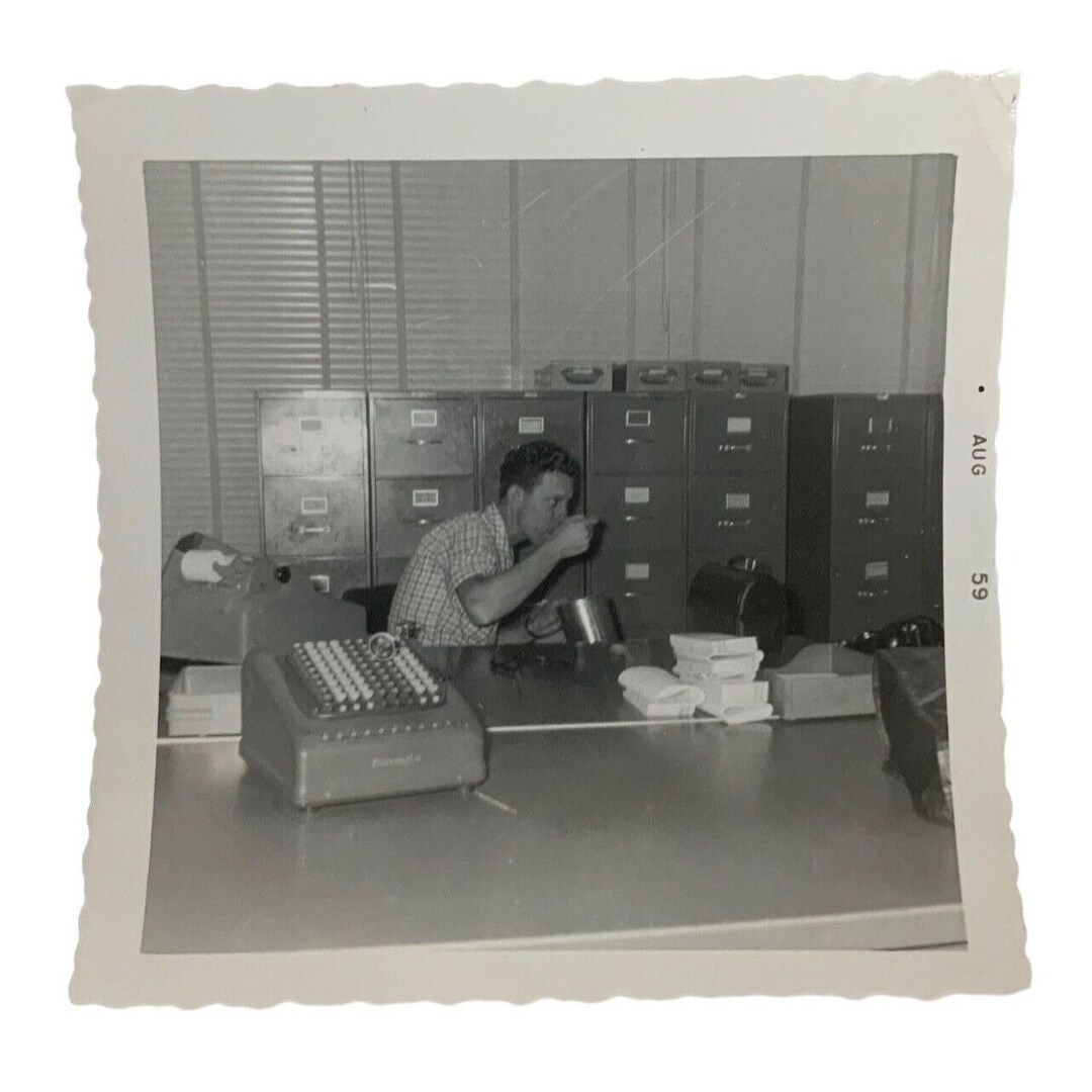 Man in Office Lunch Break Filing Cabinets Adding Machine Vintage ...