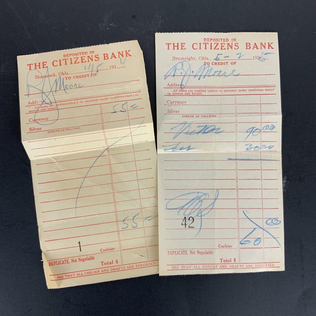 Deposit Slips 1934 1935 the Citizens Bank Shamrock Oklahoma Vintage - Etsy
