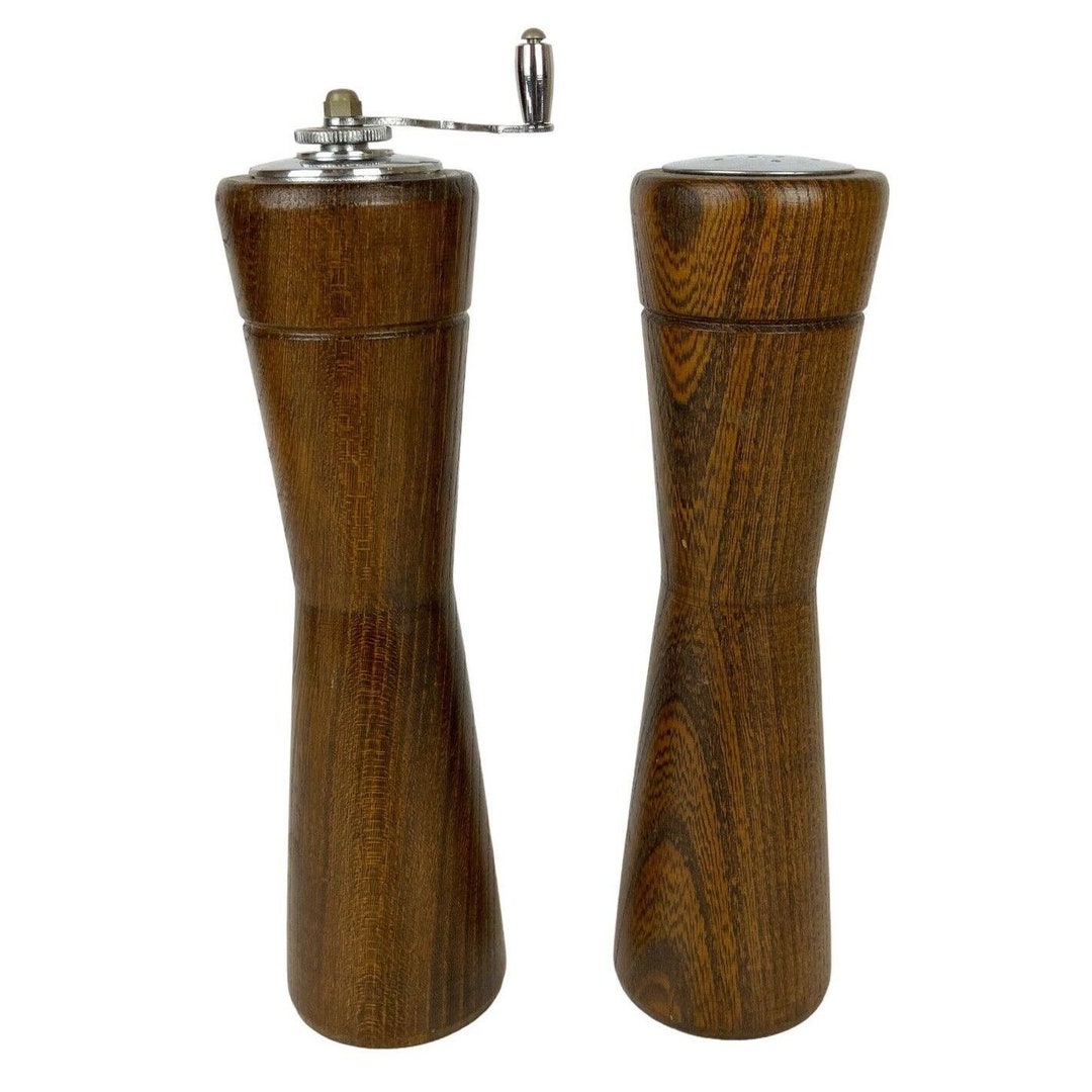 Wood Salt Shaker Pepper Mill Grinder Set Hourglass Shape Vintage Mid ...