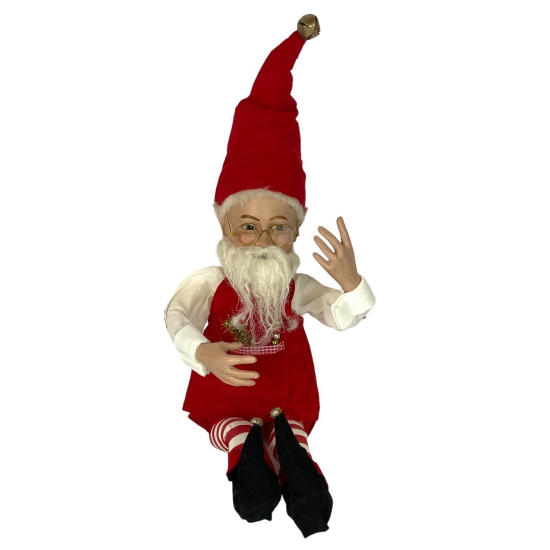 Vintage Santa Claus Elf Doll With Glasses Stocking Hat Apron Christmas