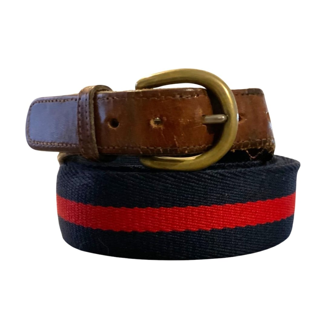 Vintage Mens Webbed Belt Size 42 Leather Tabs Blue Red Stripe Brass ...
