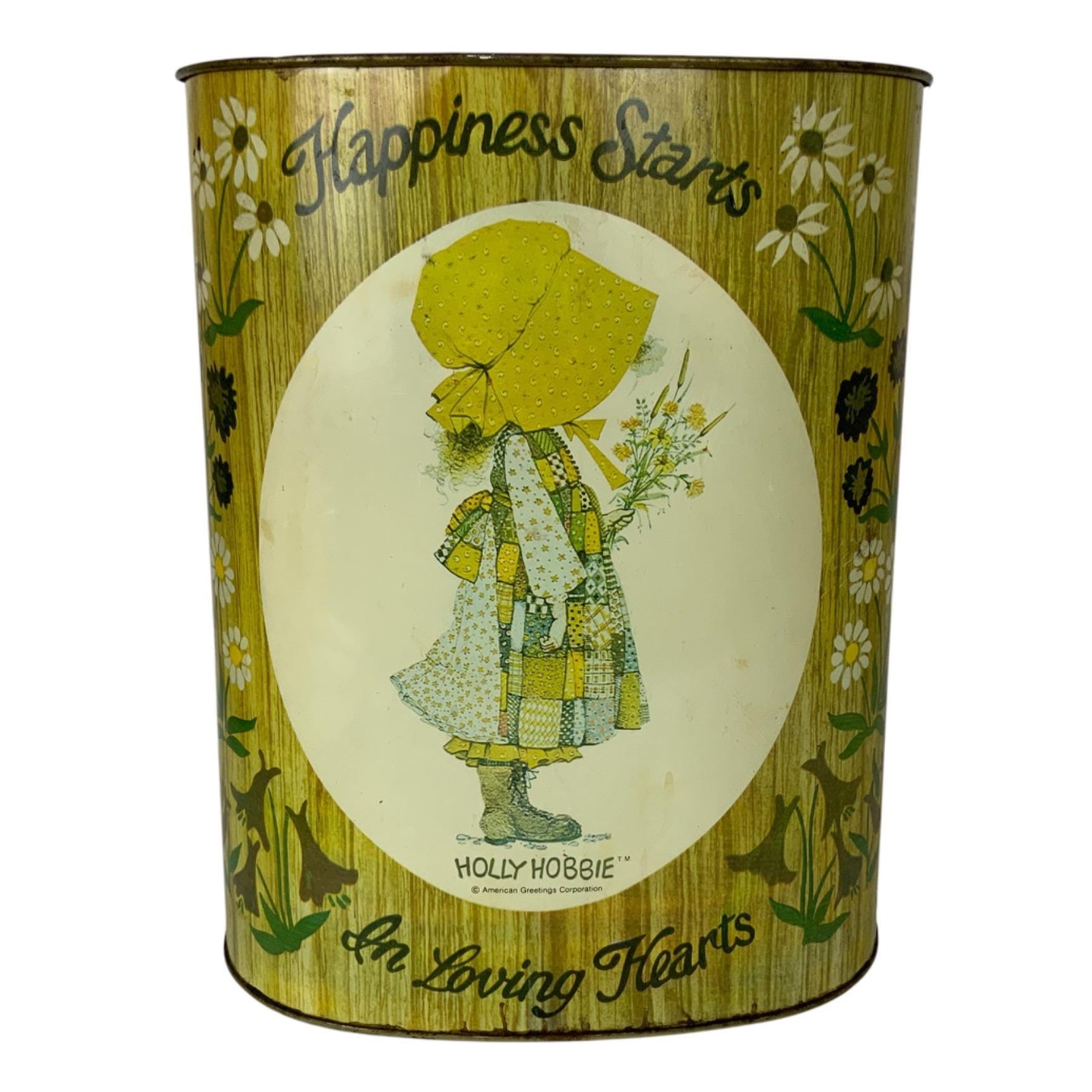 Vintage Cheinco Holly Hobbie Oval Metal Wastebasket Happiness Starts ...